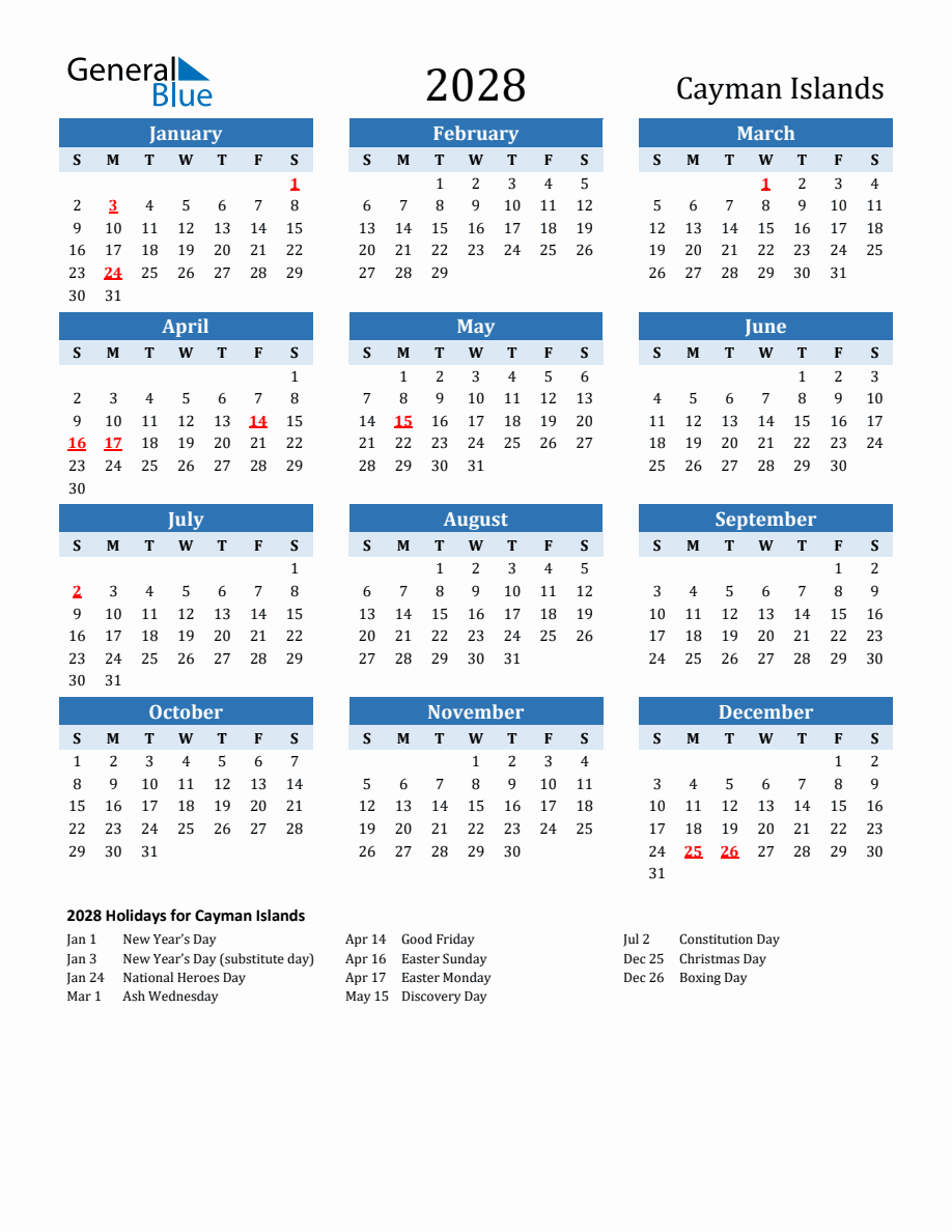 2028 Printable Calendar with Cayman Islands Holidays