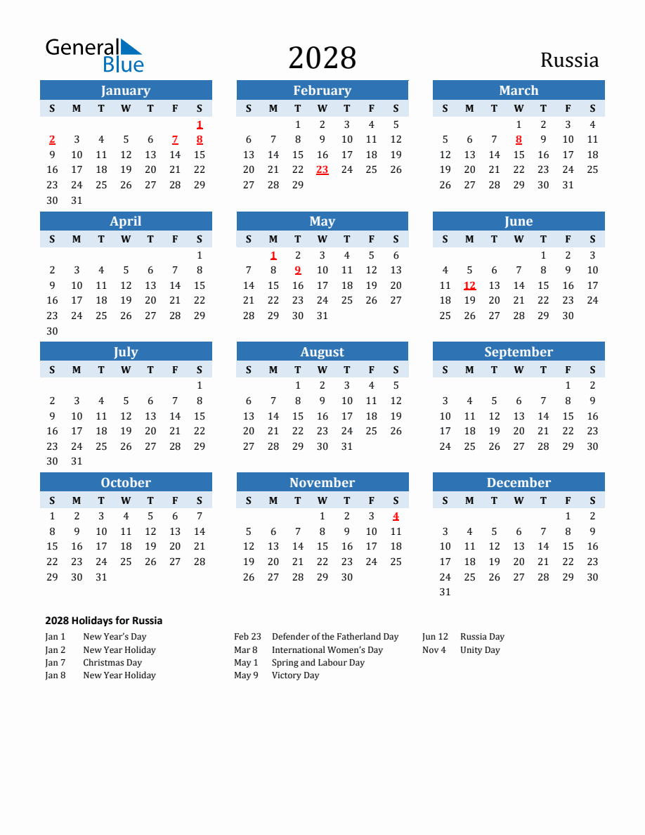2028 Printable Calendar with Russia Holidays