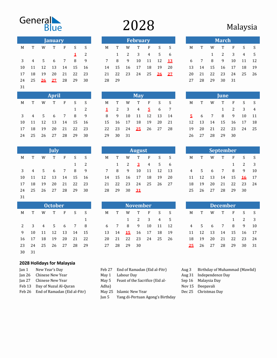 Malaysia 2028 Calendar with Holidays - Monday Start