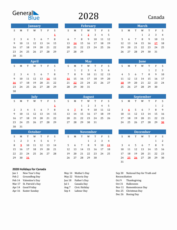 2028 Canada Calendar With Holidays