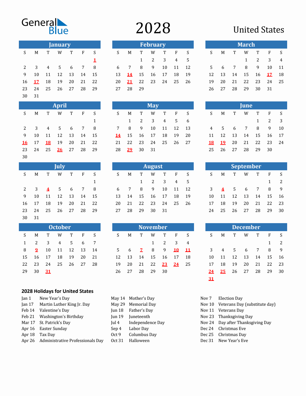 2028 United States Calendar with Holidays