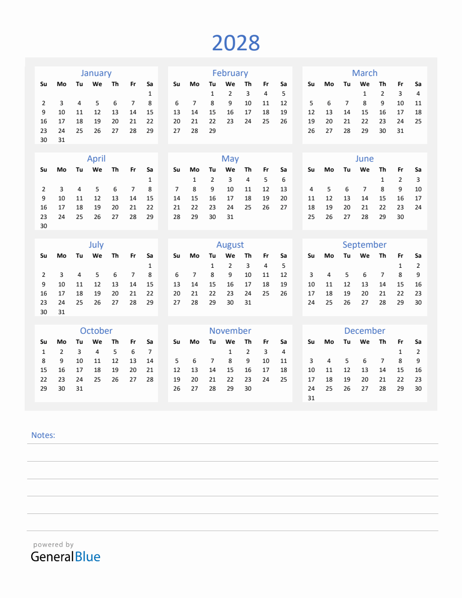 2028 Yearly Calendar with Notes