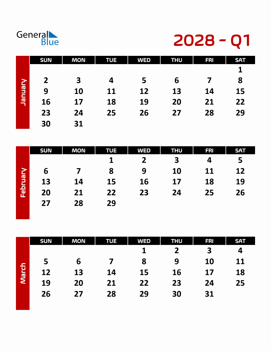 Editable Quarterly Calendar Template in PDF, Word, and Excel (Q1 of 2028)