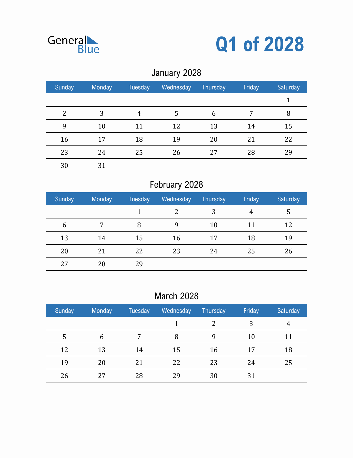Q1 2028 Quarterly Calendar in PDF, Word, Excel