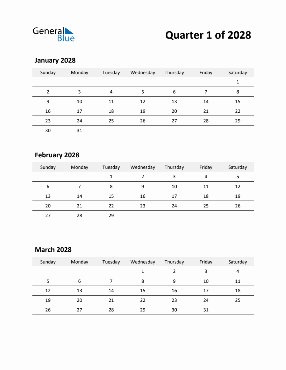 2028 Q1 Three-Month Calendar (January, February, and March)