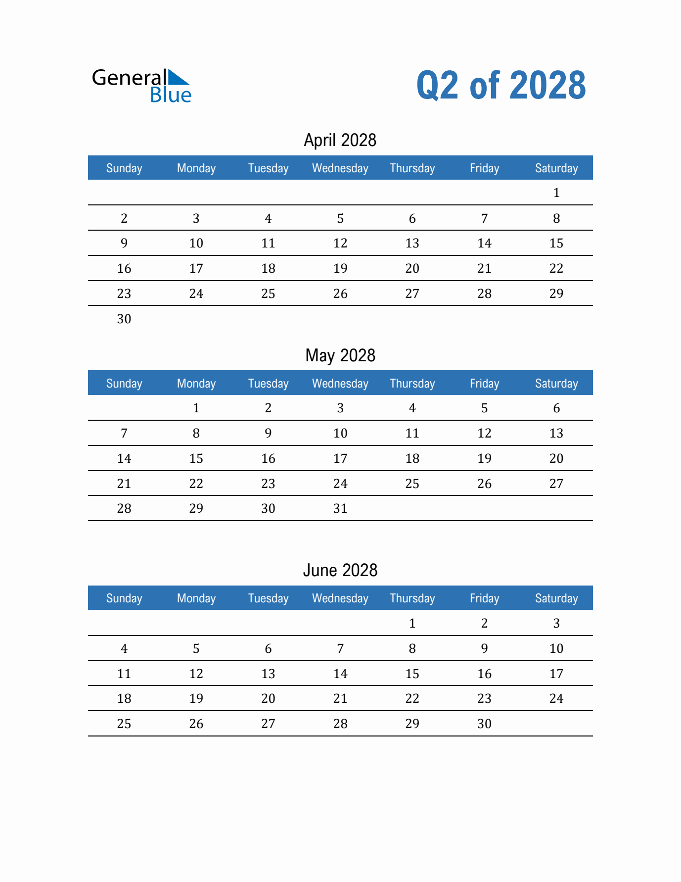 Q2 2028 Quarterly Calendar in PDF, Word, Excel