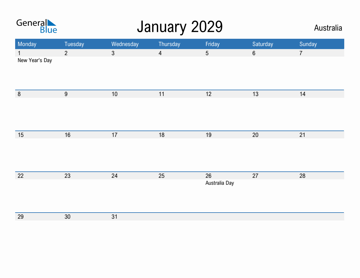 Editable January 2029 Calendar with Australia Holidays (Monday Start)
