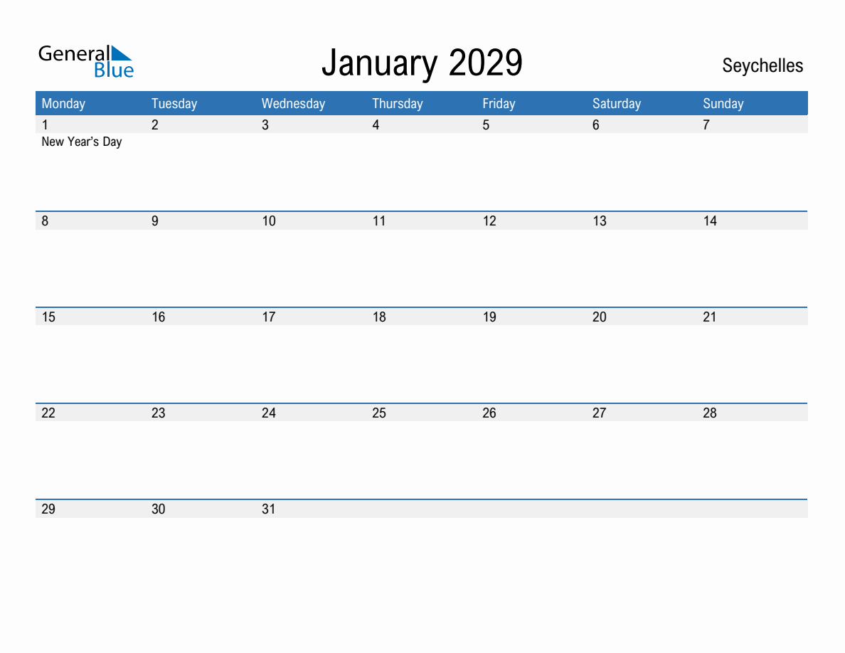 Editable January 2029 Calendar with Seychelles Holidays (Monday Start)