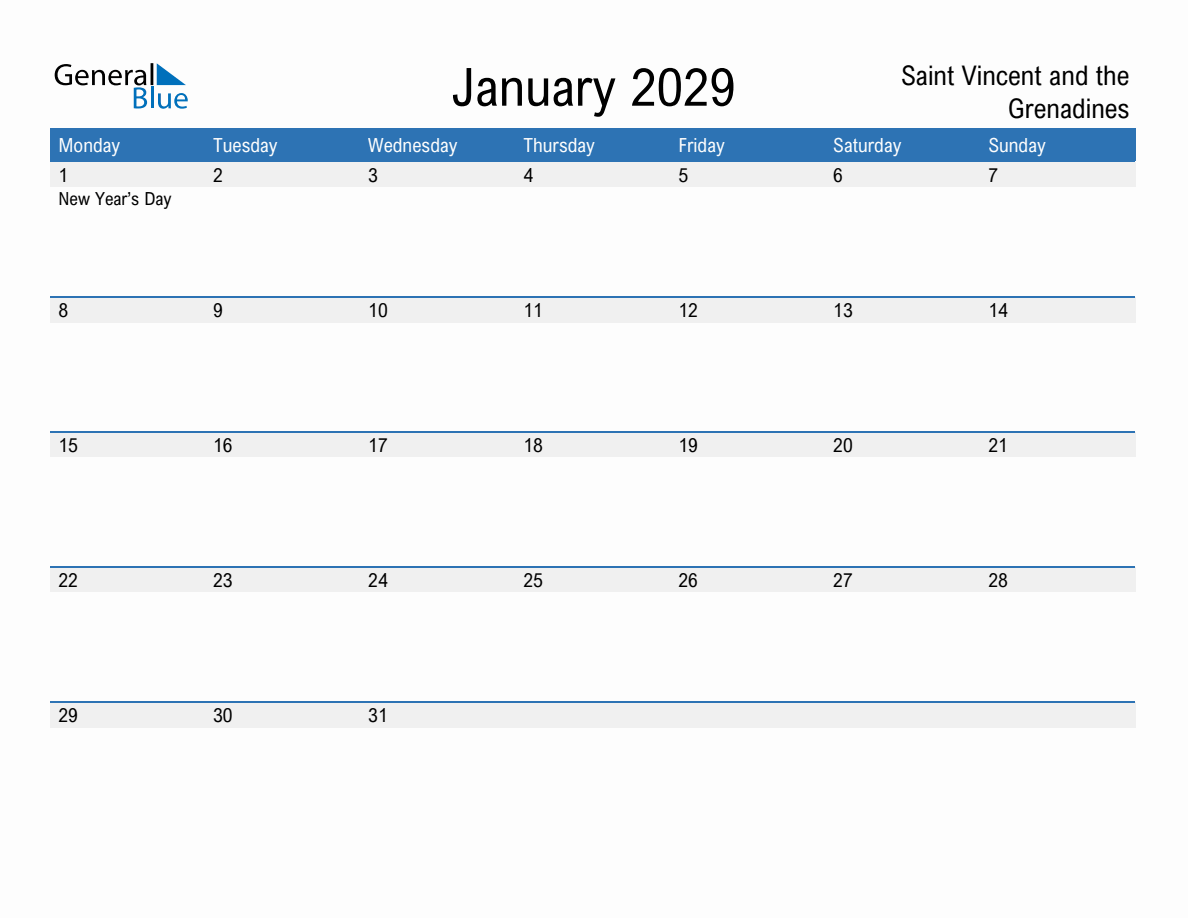 Editable January 2029 Calendar with Saint Vincent and the Grenadines ...