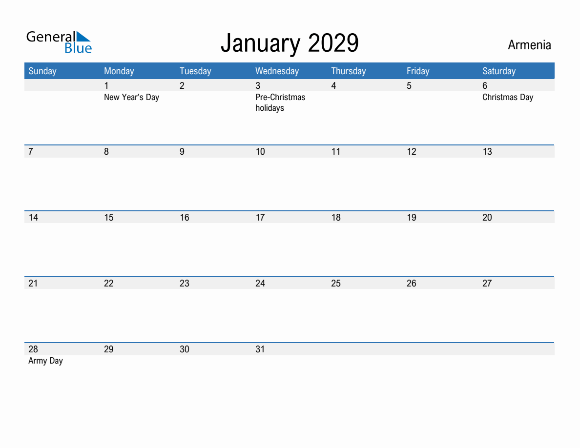 Editable January 2029 Calendar with Armenia Holidays