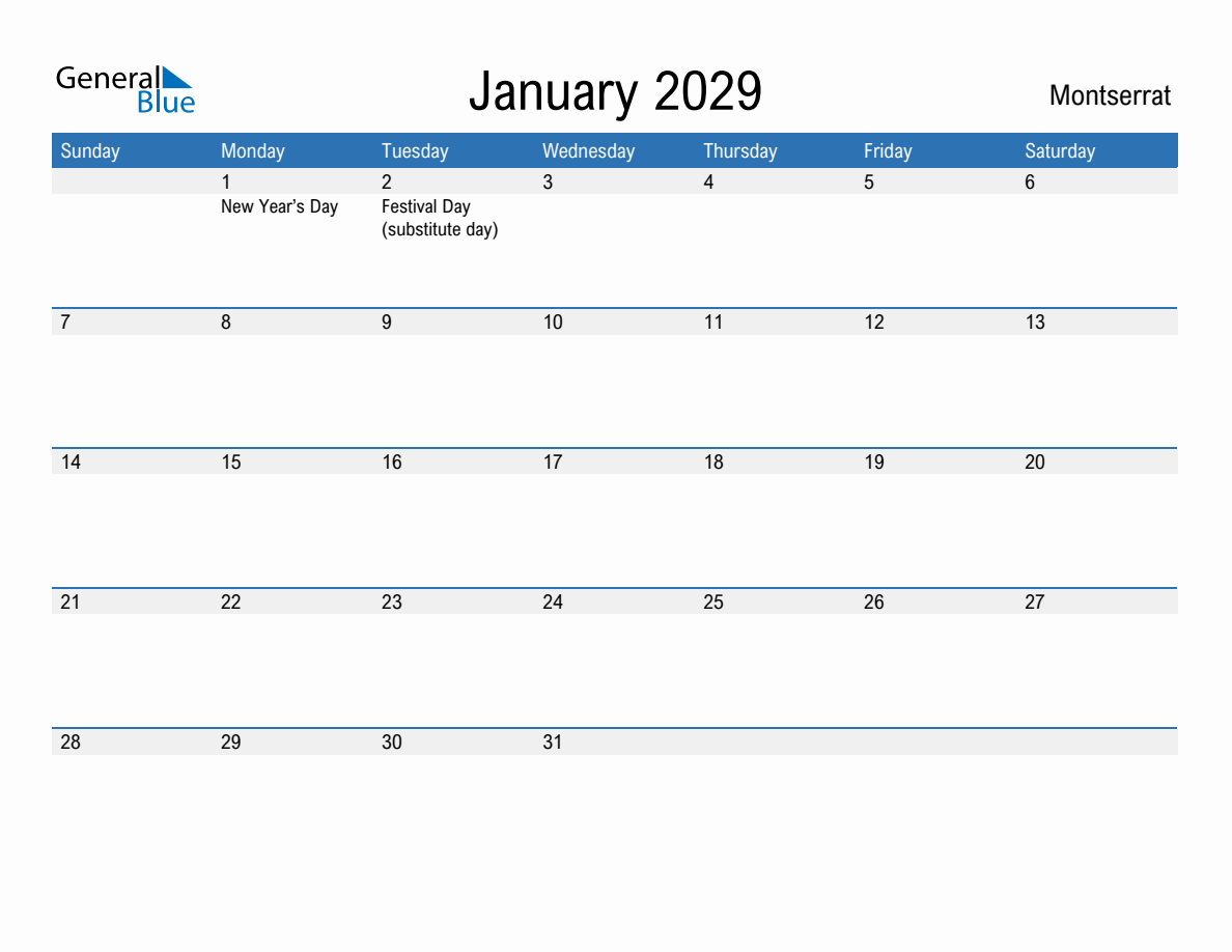 Editable January 2029 Calendar with Montserrat Holidays