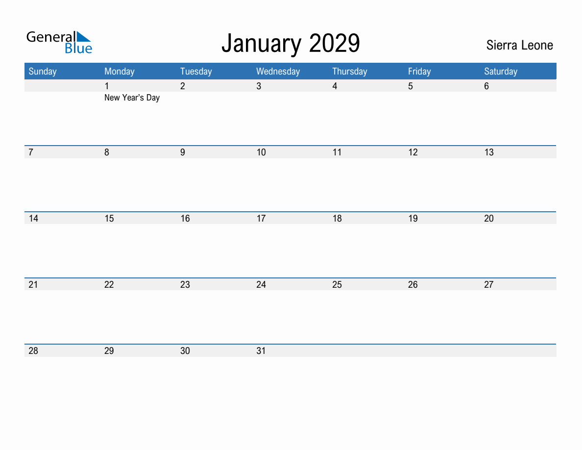January 2029 Monthly Calendars with Sierra Leone Holidays