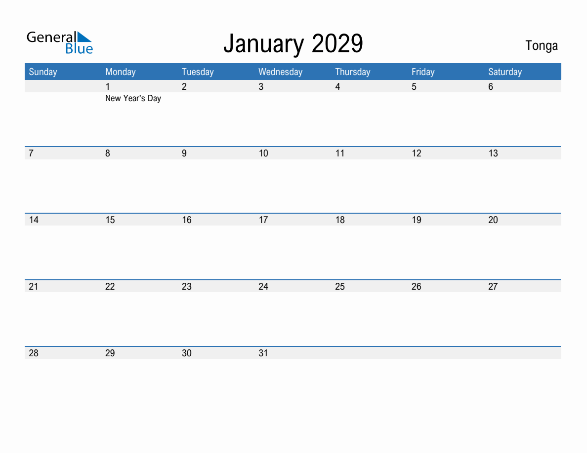 Editable January 2029 Calendar with Tonga Holidays