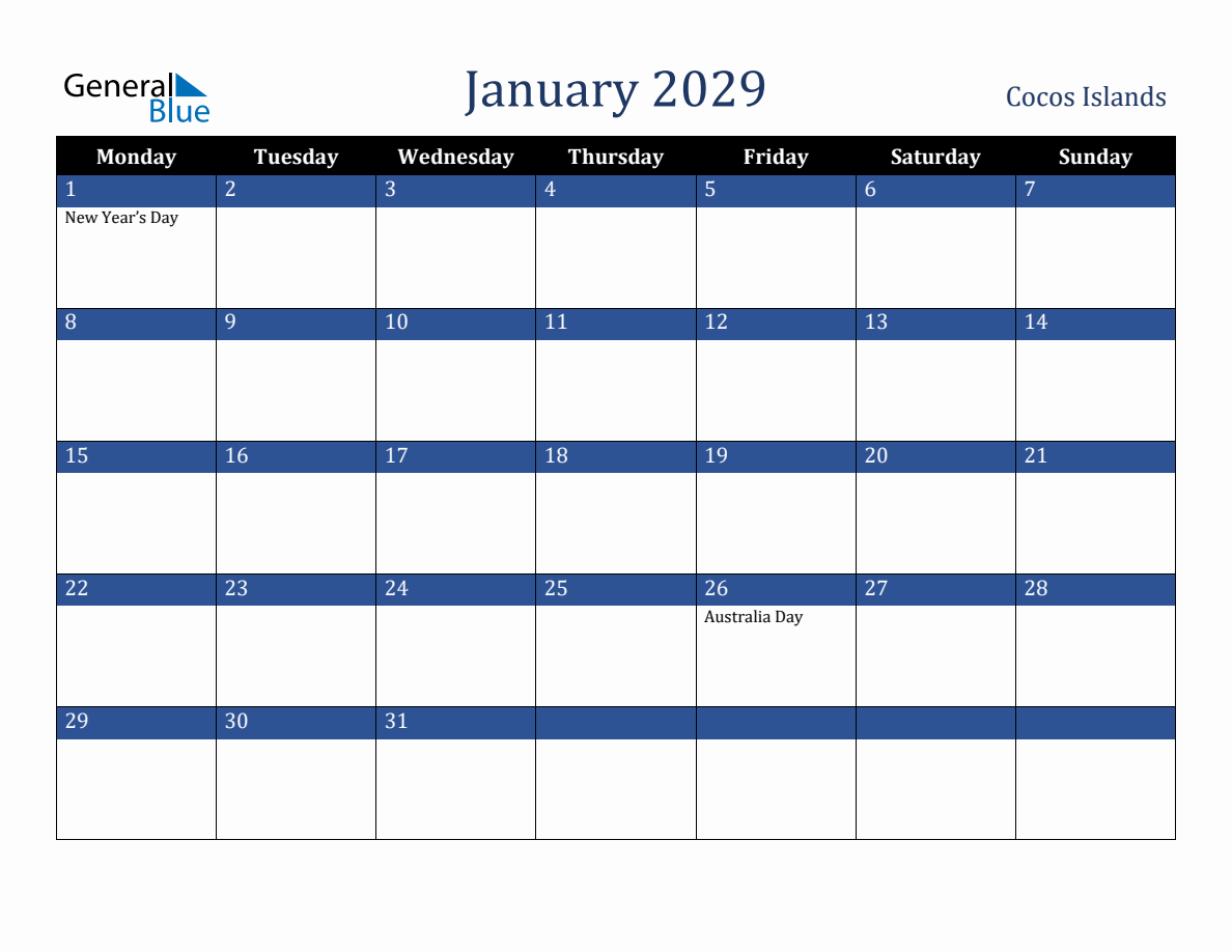 January 2029 Cocos Islands Holiday Calendar (Monday Start)