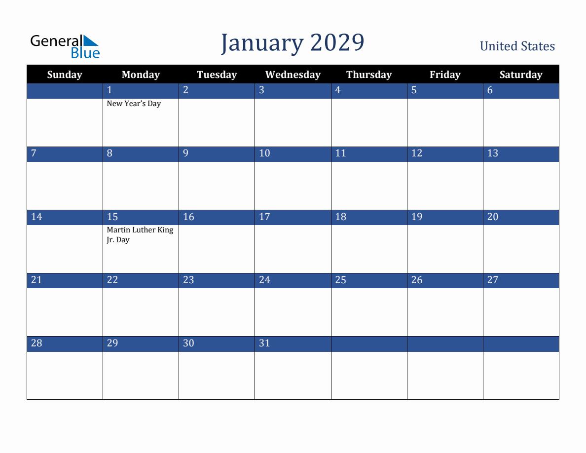 January 2029 United States Holiday Calendar