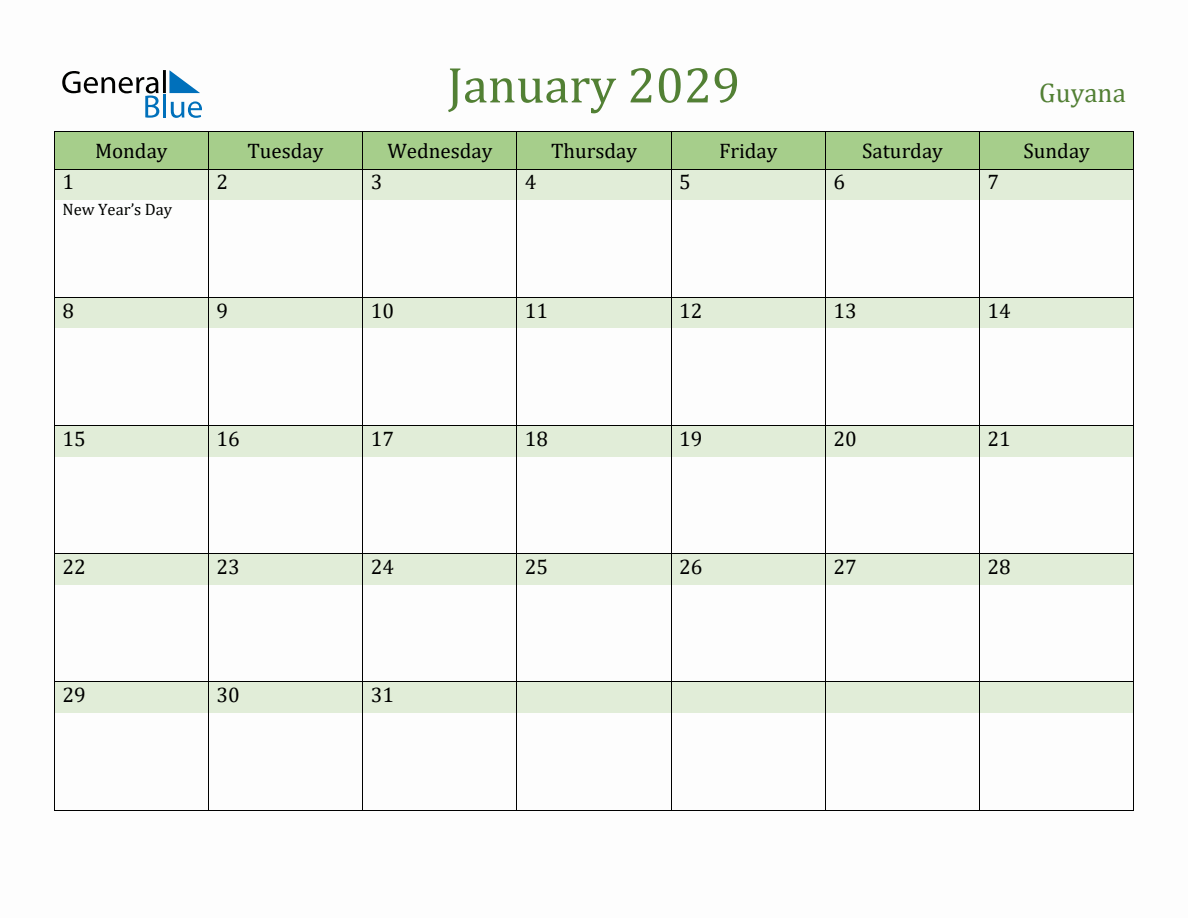 Fillable Holiday Calendar for Guyana - January 2029