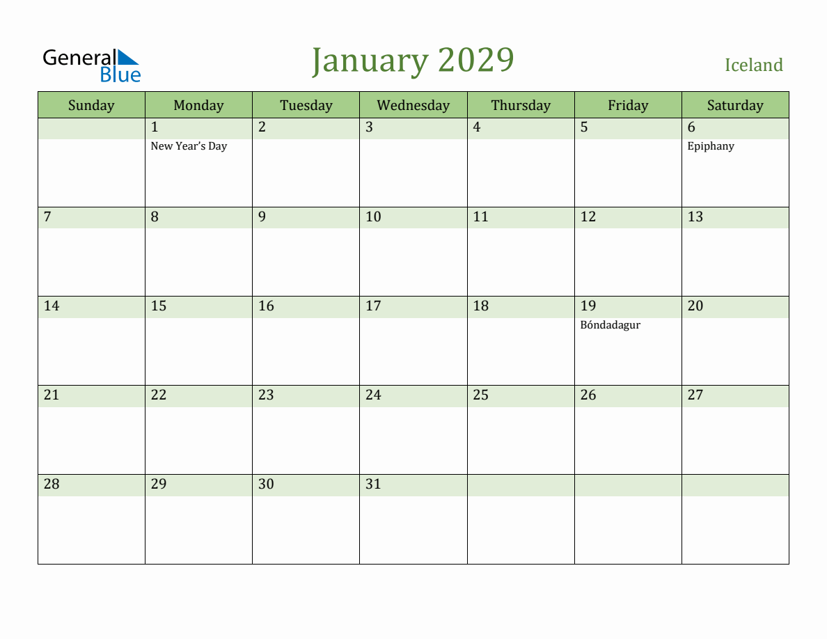 Fillable Holiday Calendar for Iceland - January 2029