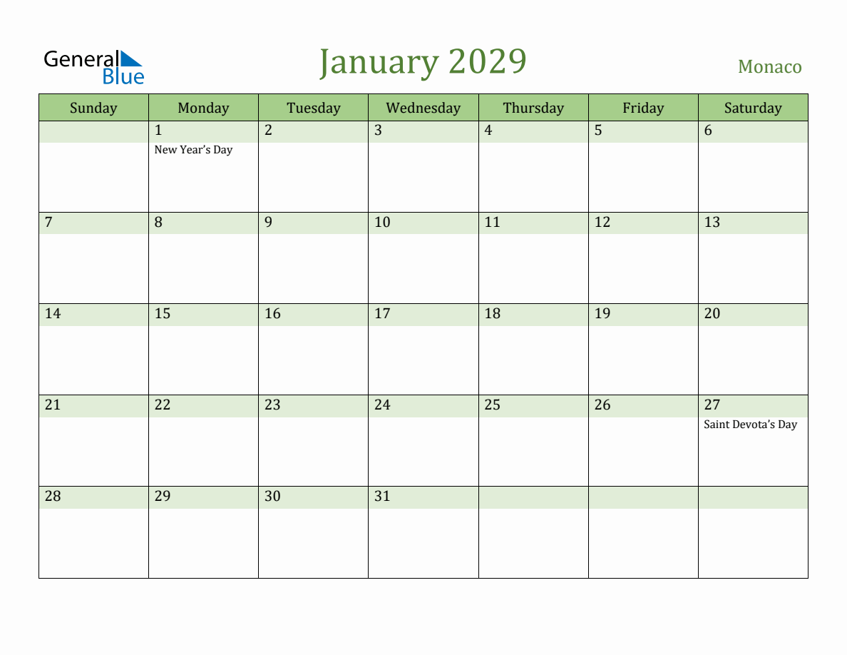 Fillable Holiday Calendar for Monaco - January 2029