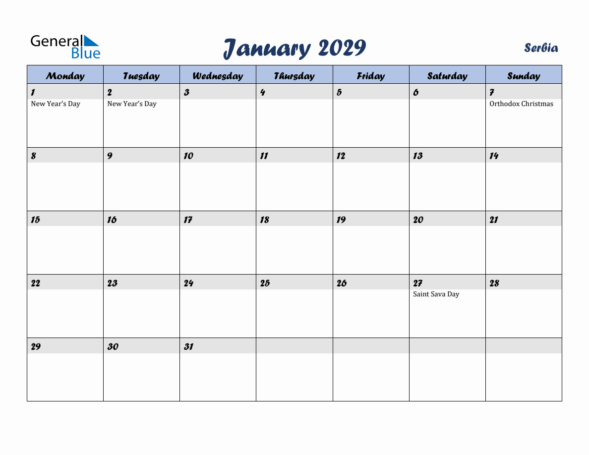 January 2029 Monthly Calendar Template with Holidays for Serbia