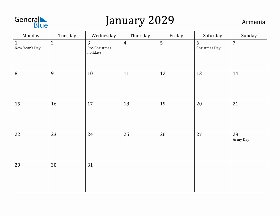January 2029 Monthly Calendar with Armenia Holidays