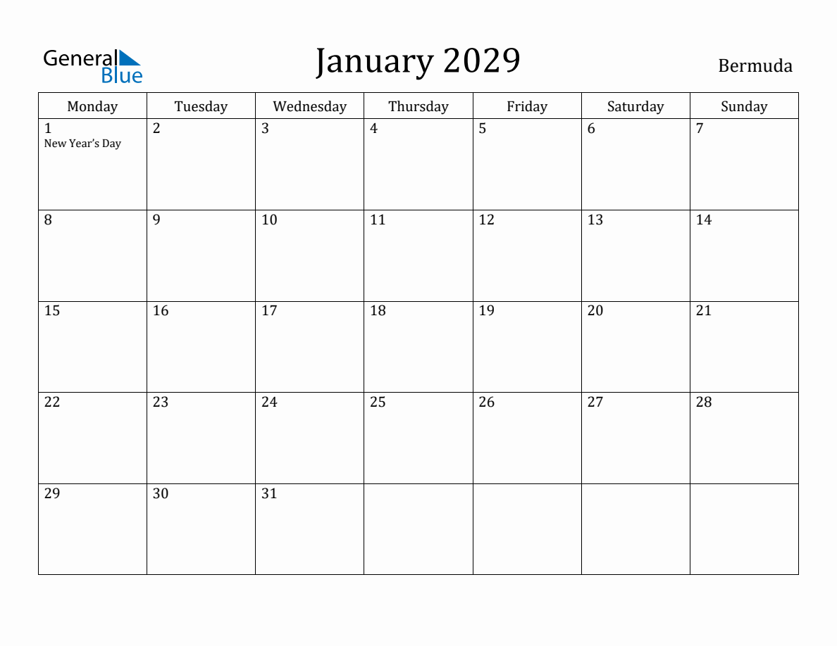 January 2029 Monthly Calendar with Bermuda Holidays