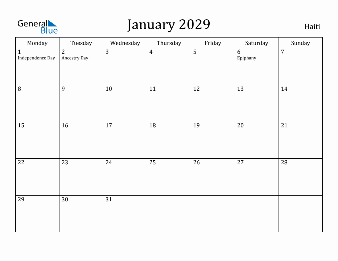 January 2029 - Haiti Monthly Calendar with Holidays