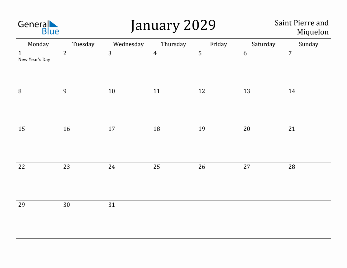 January 2029 Monthly Calendar with Saint Pierre and Miquelon Holidays ...