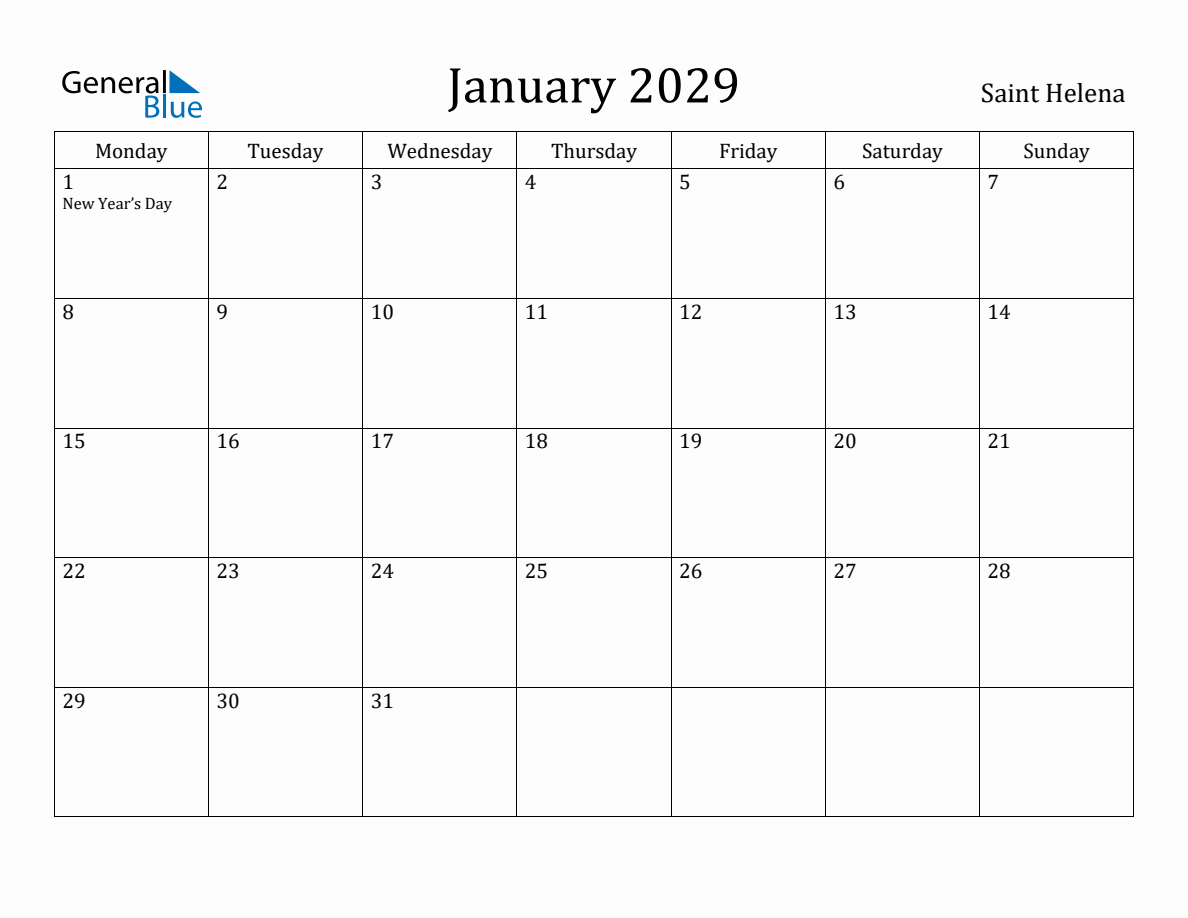 Saint Helena Monthly Calendar - January 2029 (Monday Start)