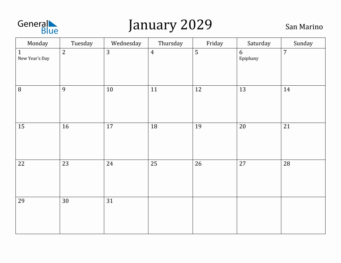 January 2029 - San Marino Monthly Calendar with Holidays
