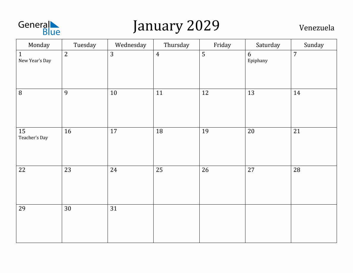 January 2029 Monthly Calendar with Venezuela Holidays