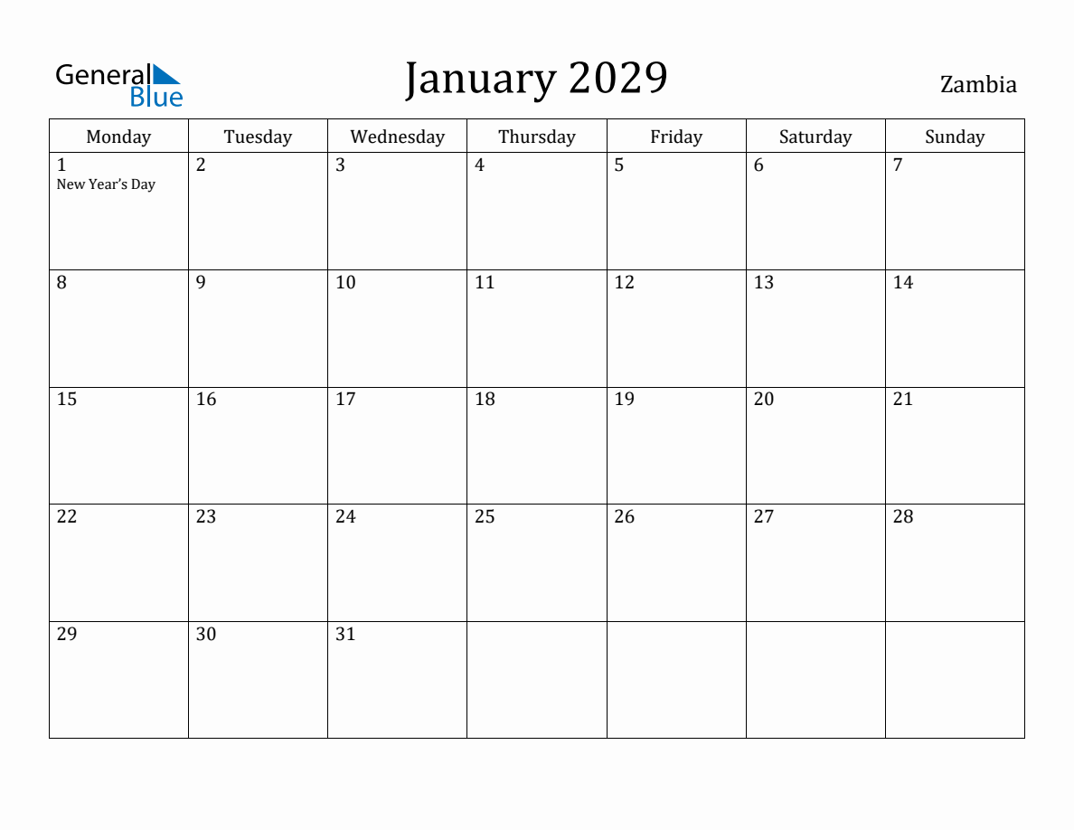 January 2029 - Zambia Monthly Calendar with Holidays