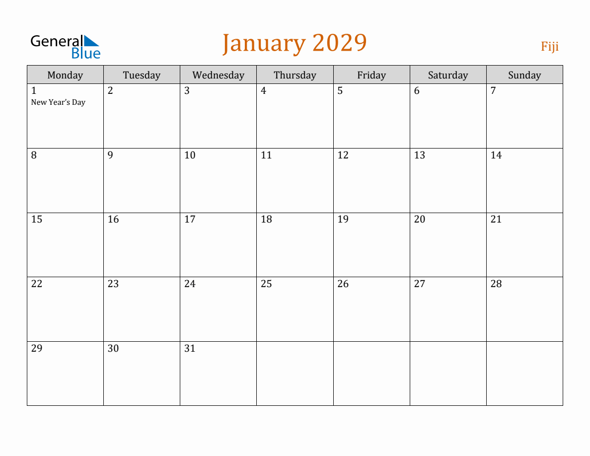 Free January 2029 Fiji Calendar (Monday Start)