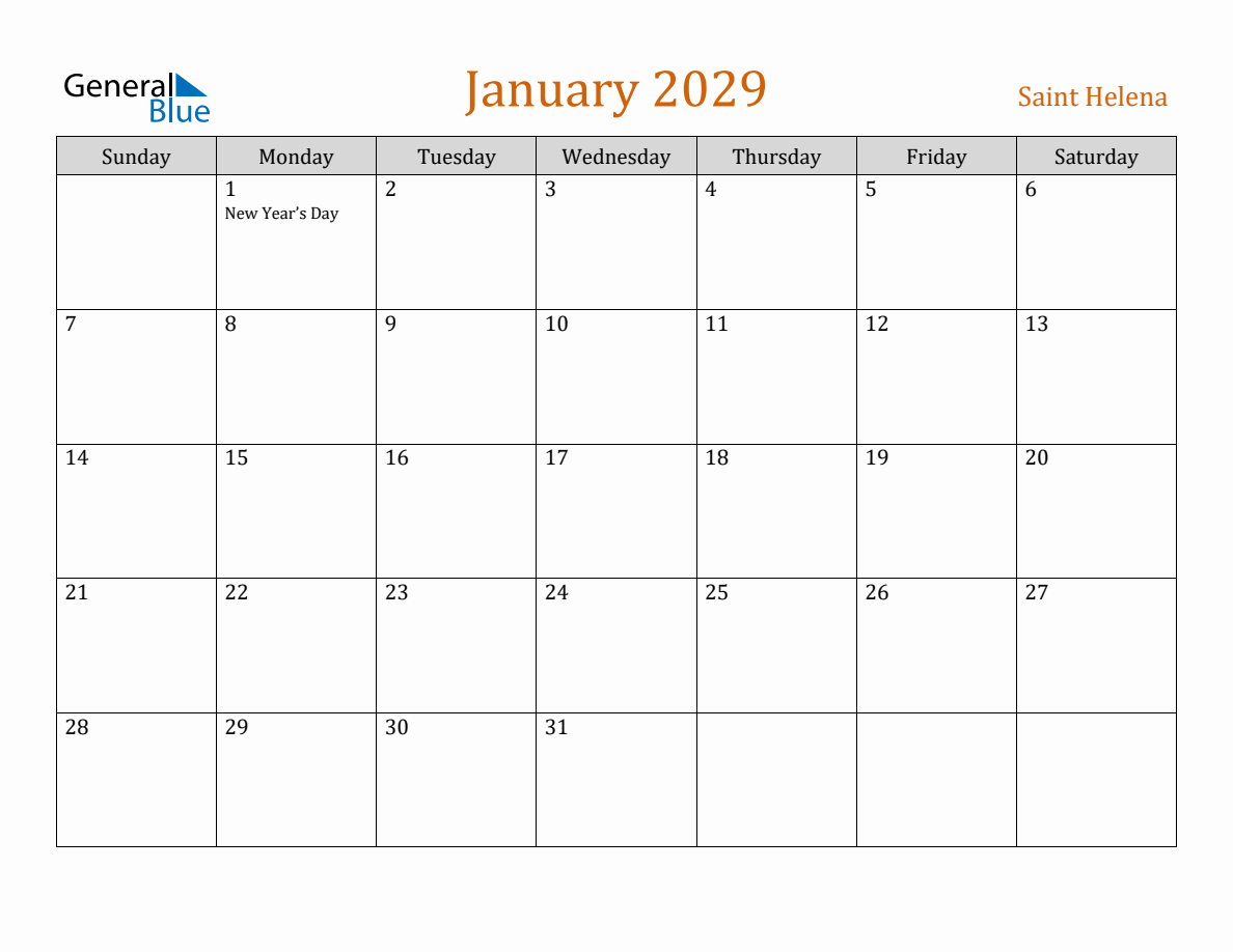 Free January 2029 Saint Helena Calendar