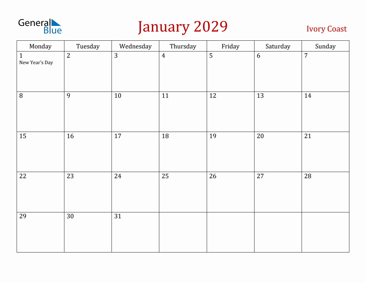 January 2029 Ivory Coast Monthly Calendar with Holidays (Monday Start)