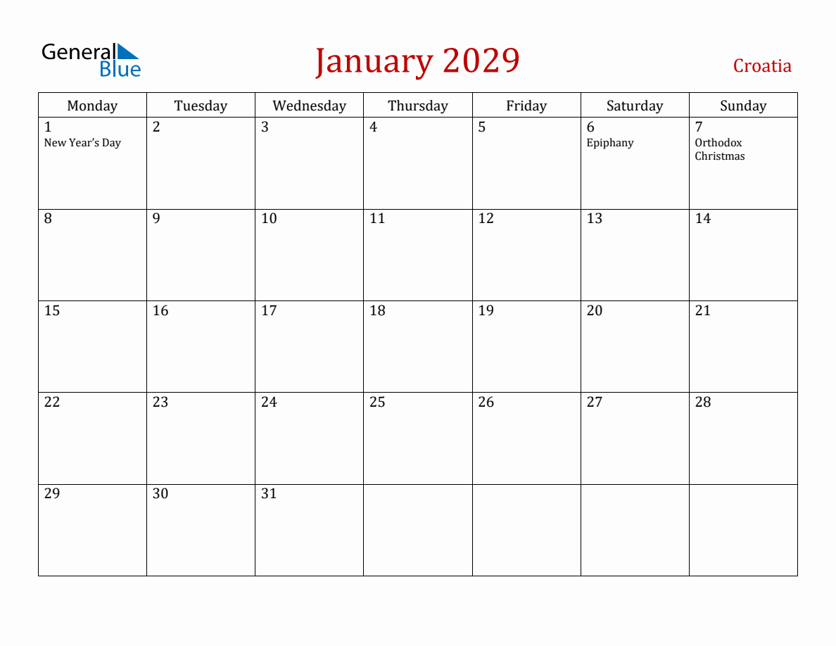 January 2029 Croatia Monthly Calendar with Holidays