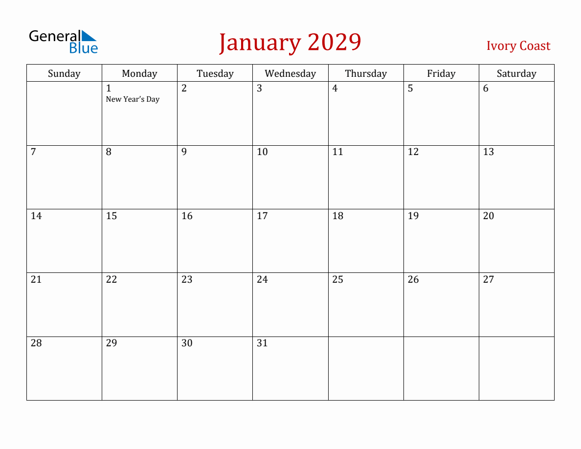 January 2029 Ivory Coast Monthly Calendar with Holidays