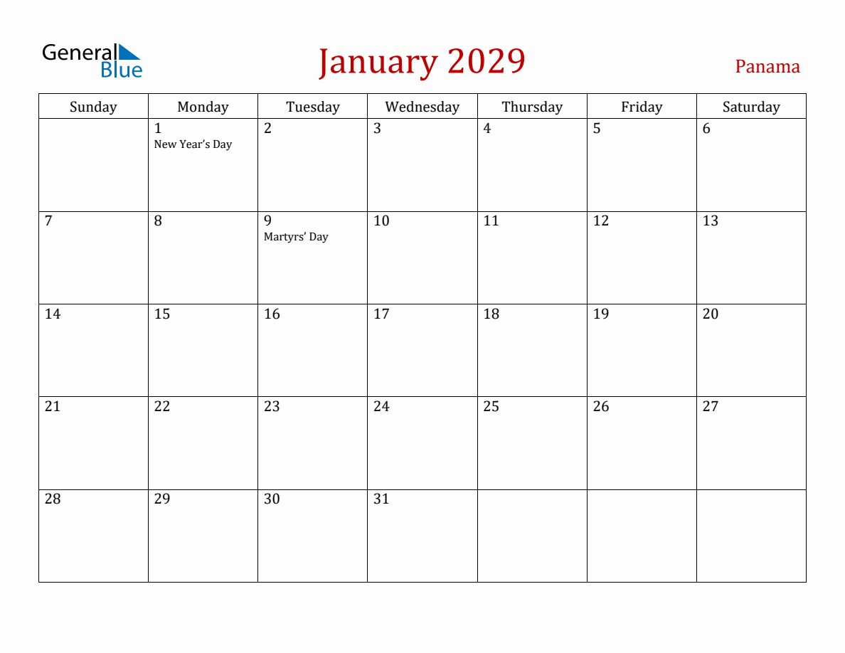 January 2029 Panama Monthly Calendar with Holidays