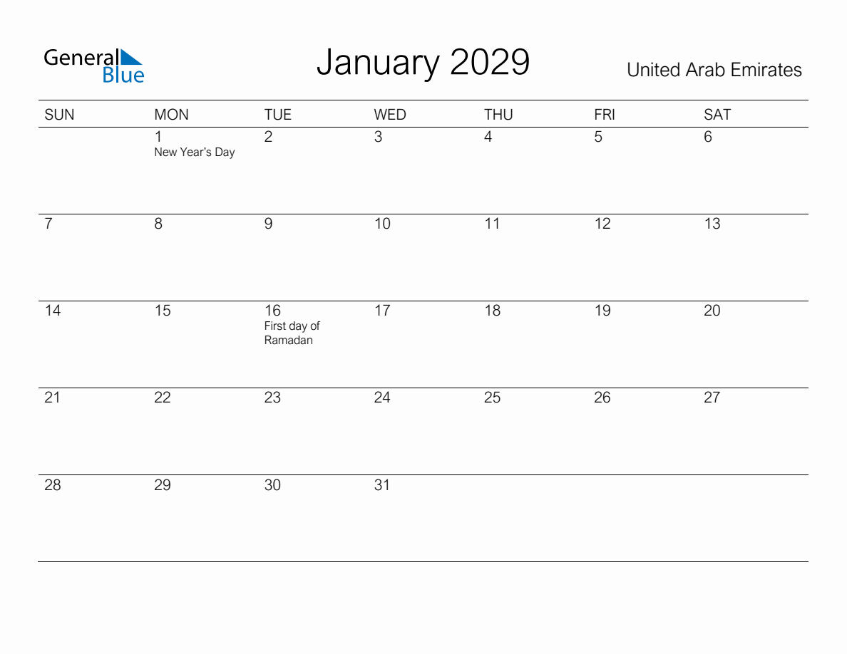 Printable January 2029 Monthly Calendar with Holidays for United Arab ...
