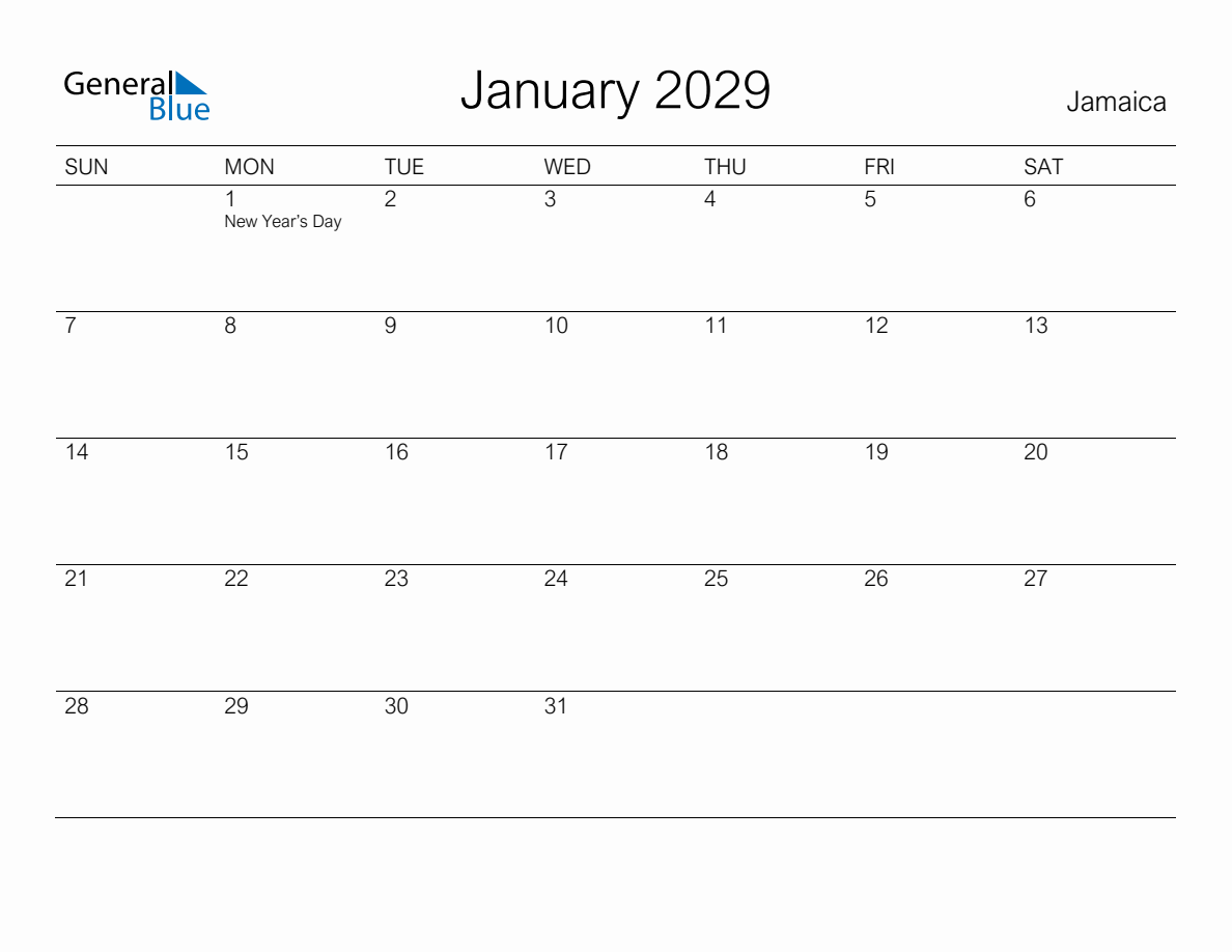 Printable January 2029 Monthly Calendar with Holidays for Jamaica