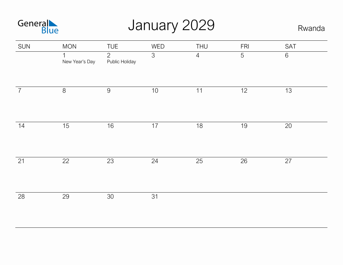 Printable January 2029 Monthly Calendar with Holidays for Rwanda