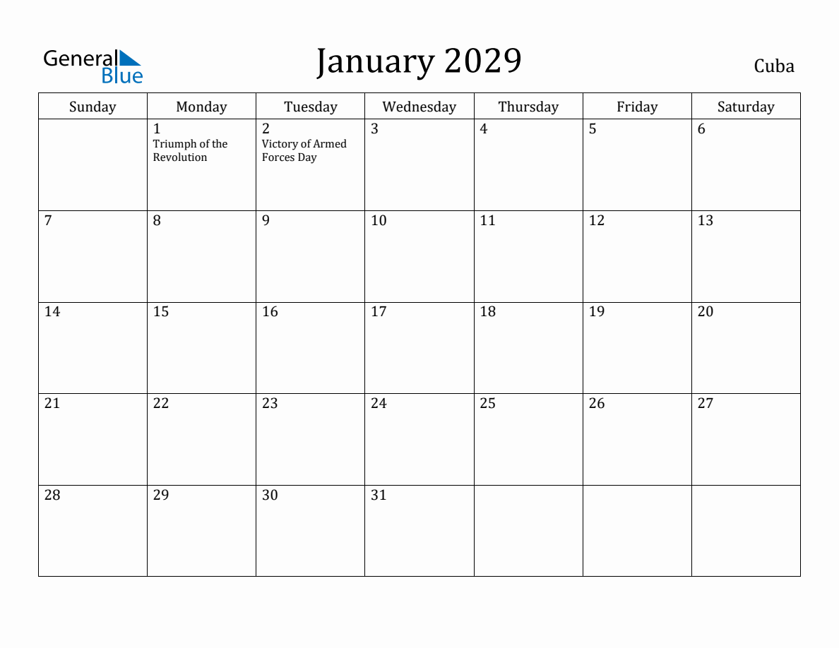 January 2029 Monthly Calendar with Cuba Holidays