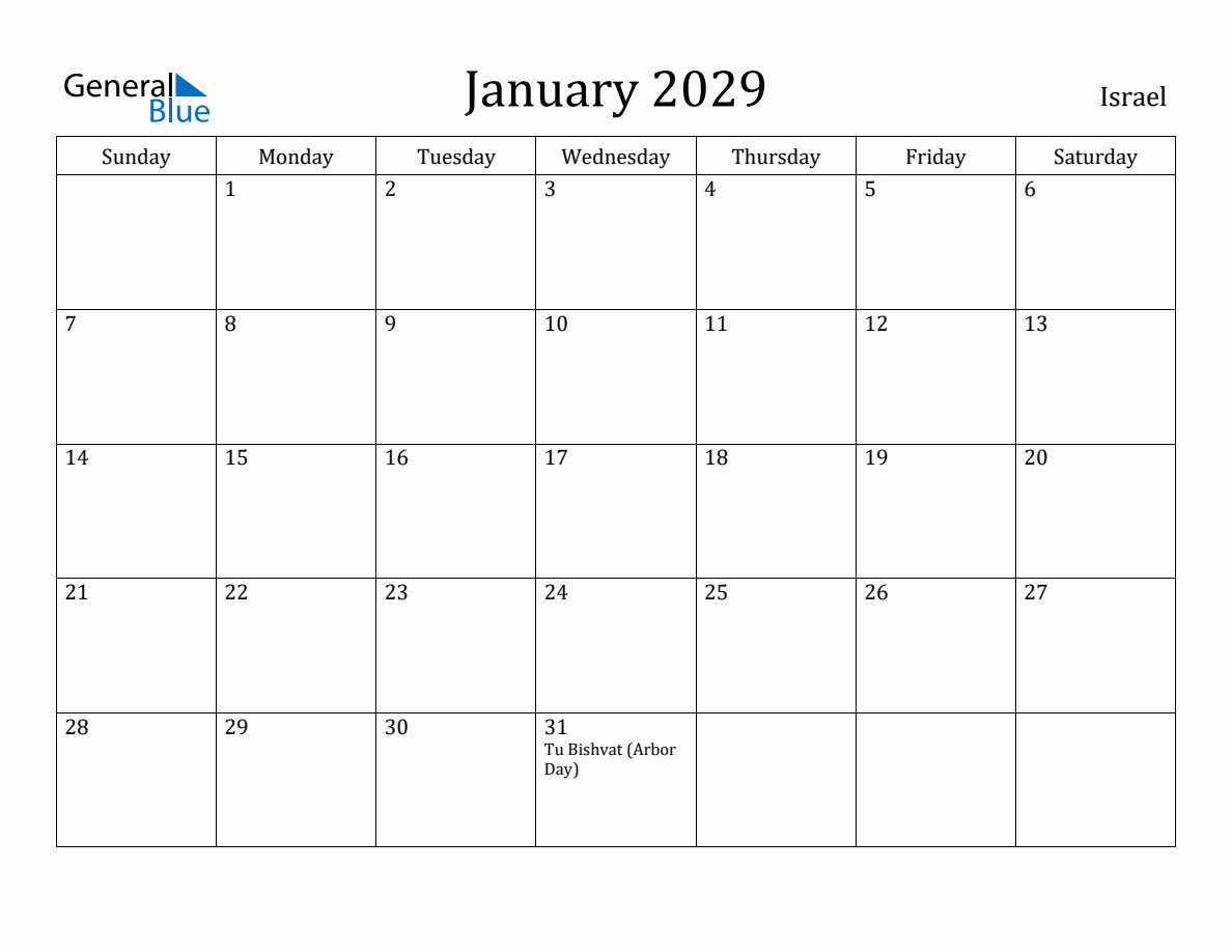 January 2029 Monthly Calendar with Israel Holidays