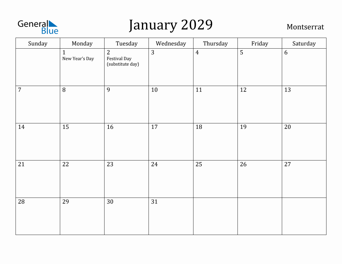 January 2029 Monthly Calendar with Montserrat Holidays
