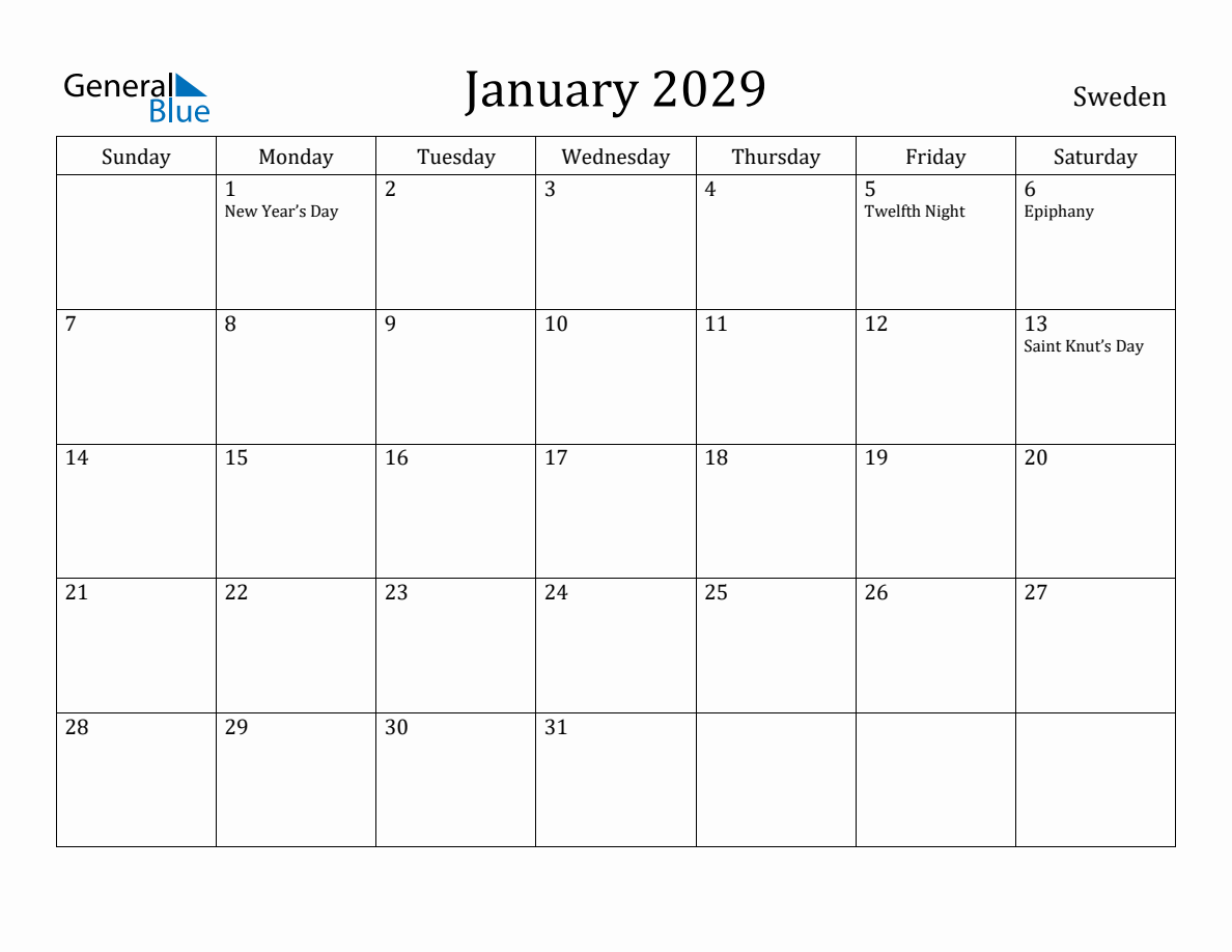 January 2029 Monthly Calendar with Sweden Holidays