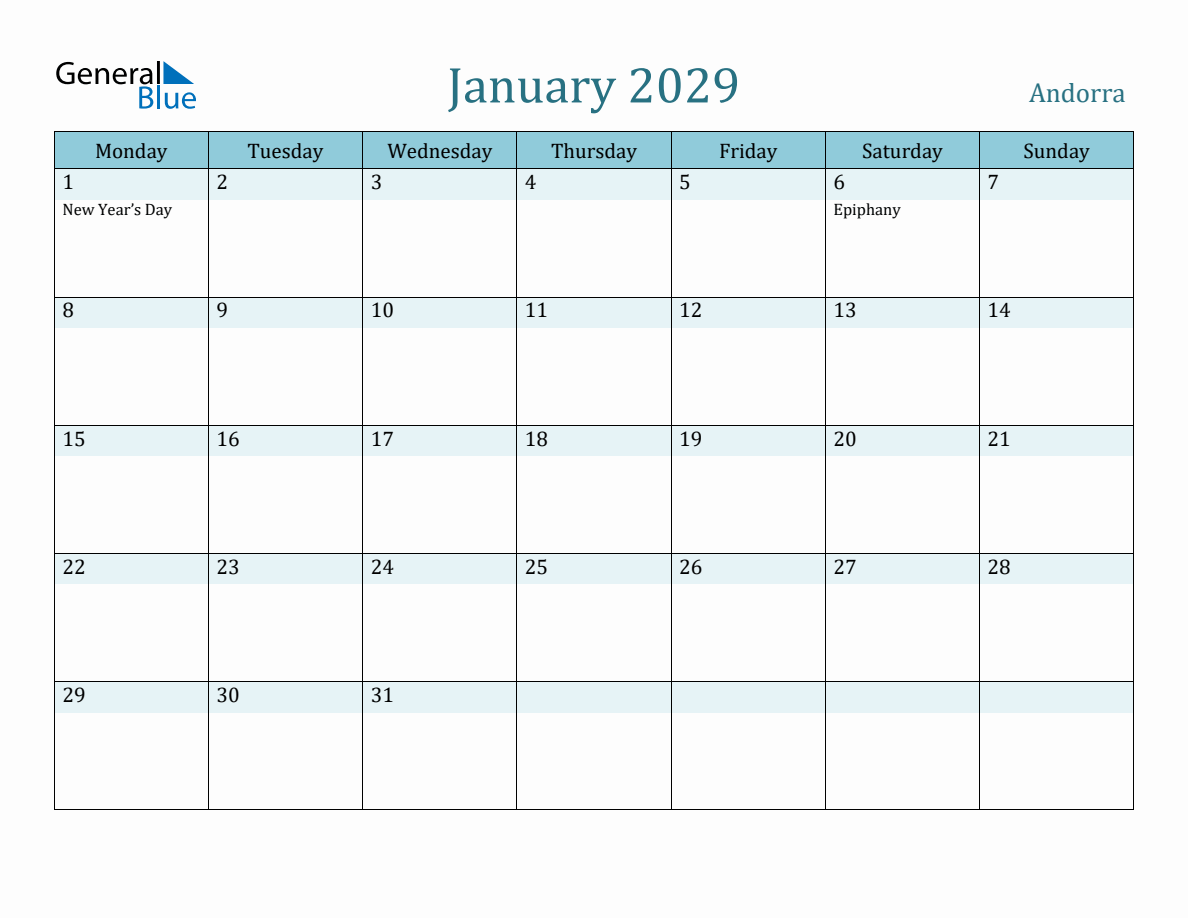 Andorra Holiday Calendar for January 2029 (Monday Start)