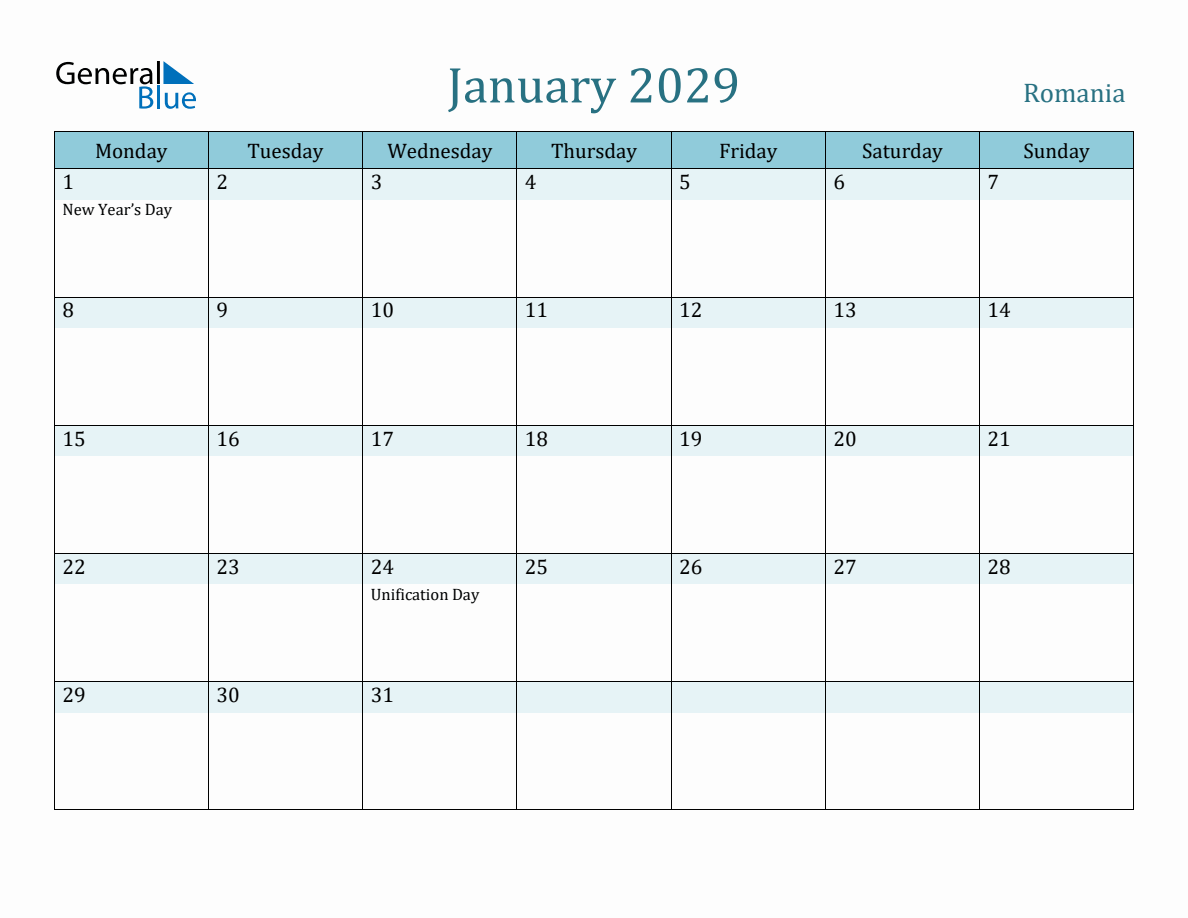 Romania Holiday Calendar for January 2029