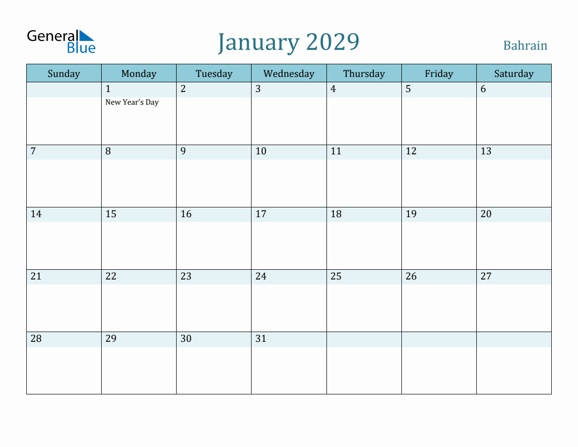Bahrain Holiday Calendar for January 2029