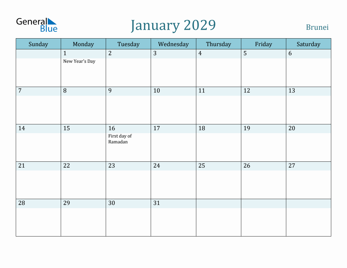 Brunei Holiday Calendar for January 2029