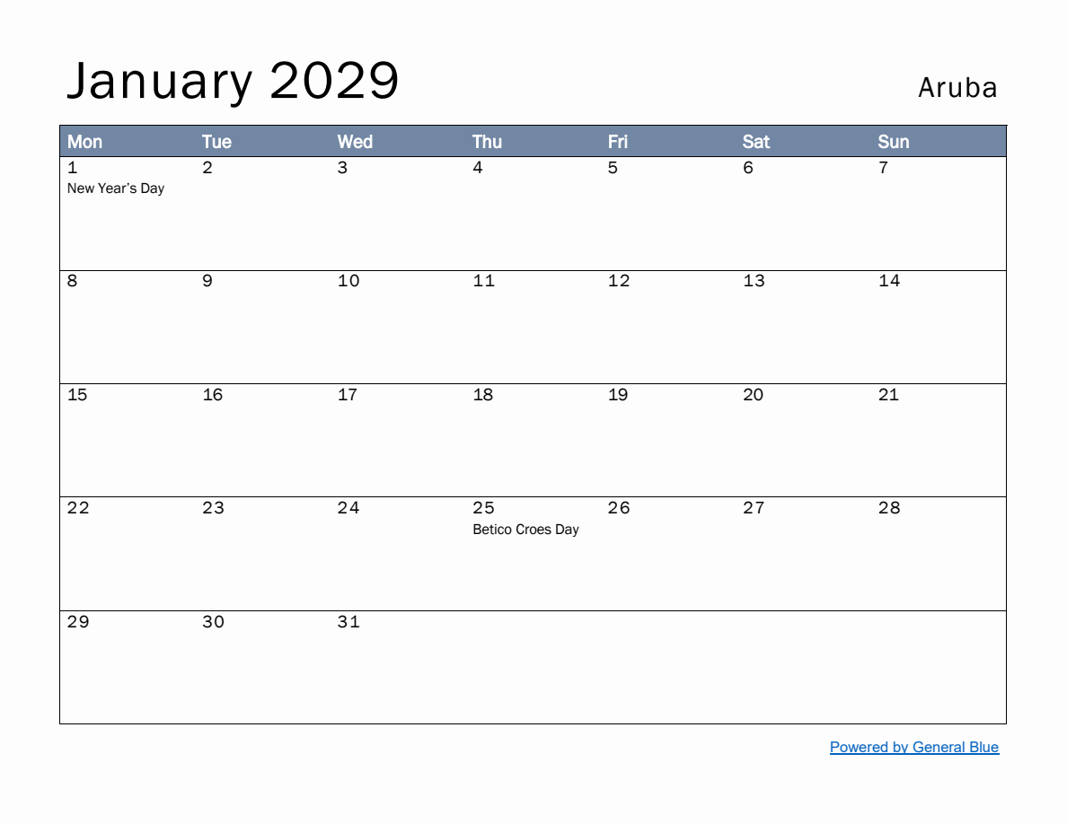 Free Monthly Calendar Template for January 2029 with Aruba Holidays