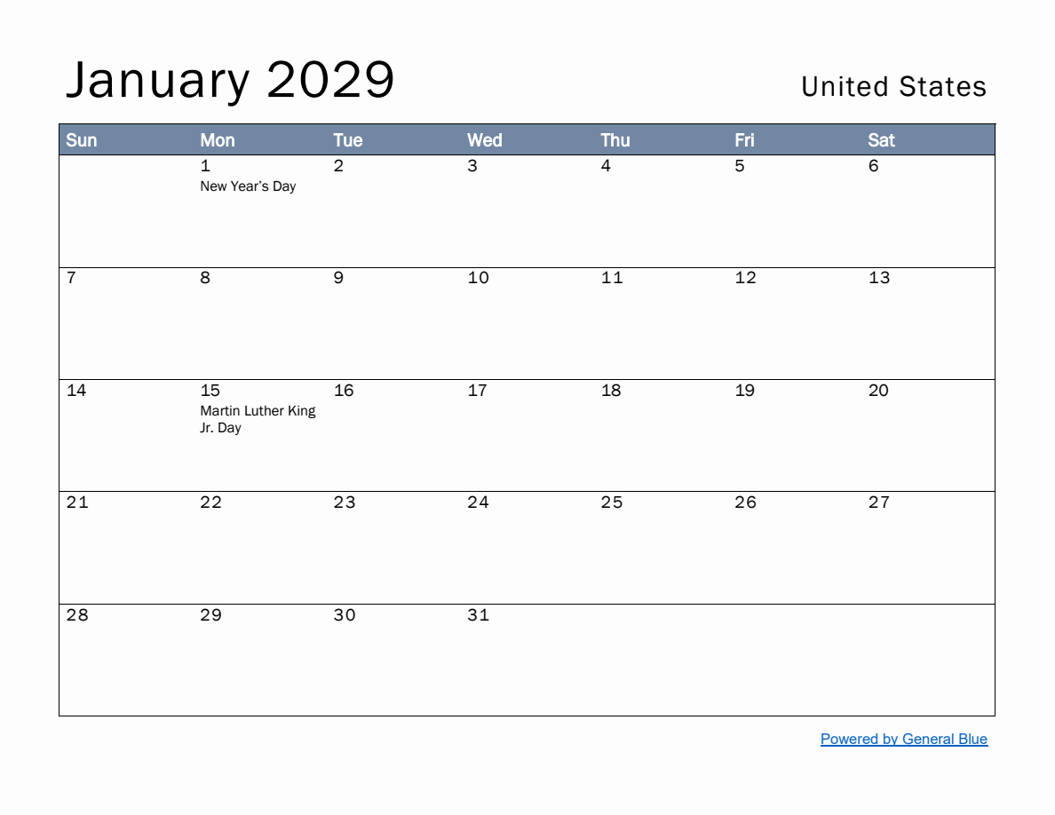 Free Monthly Calendar Template for January 2029 with United States Holidays